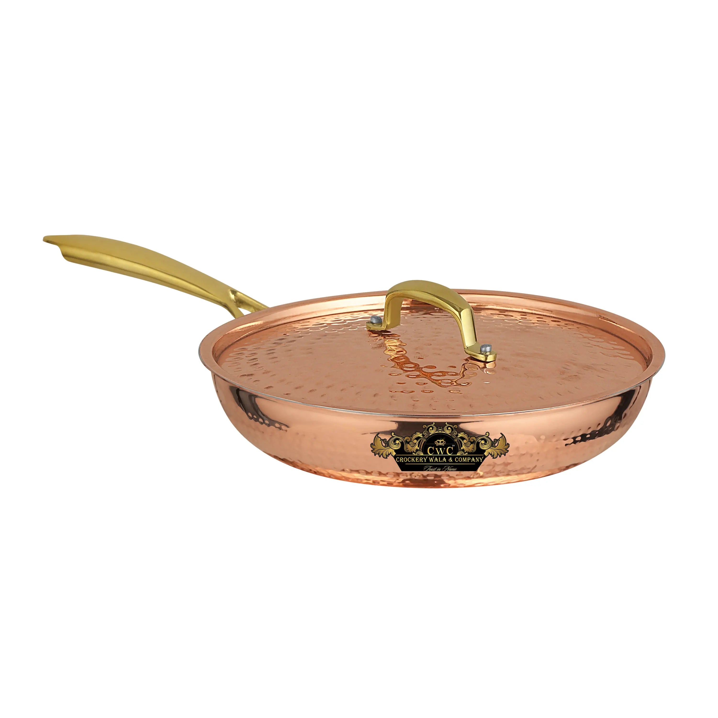 Pure copper frying pan with kalai premium finish with lid and hammered ...